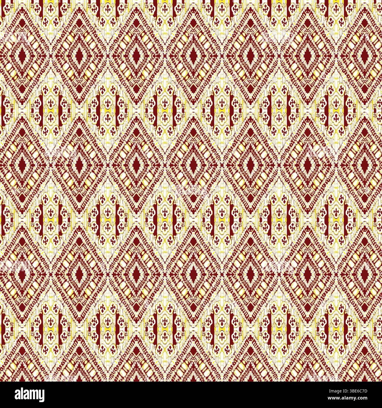Intricate geometric textile pattern in red and gold hues seamless ...