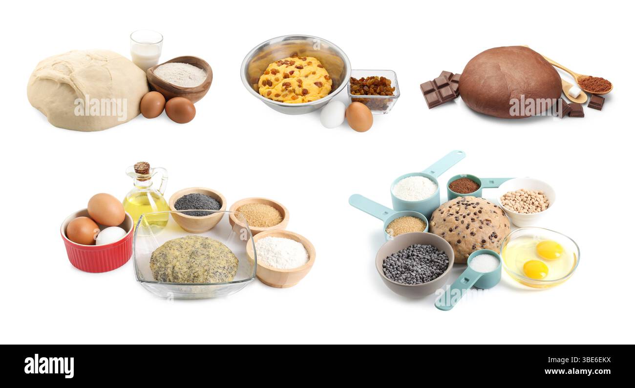 Different types of dough and ingredients isolated on white, set Stock ...