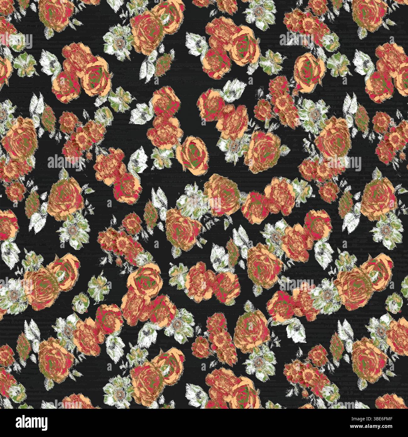 Black background floral fabric with scattered orange and peach roses ...
