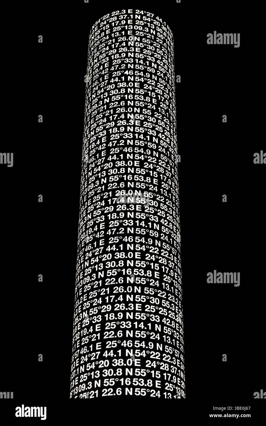 A glowing cylindrical tower covered with illuminated coordinates stands ...
