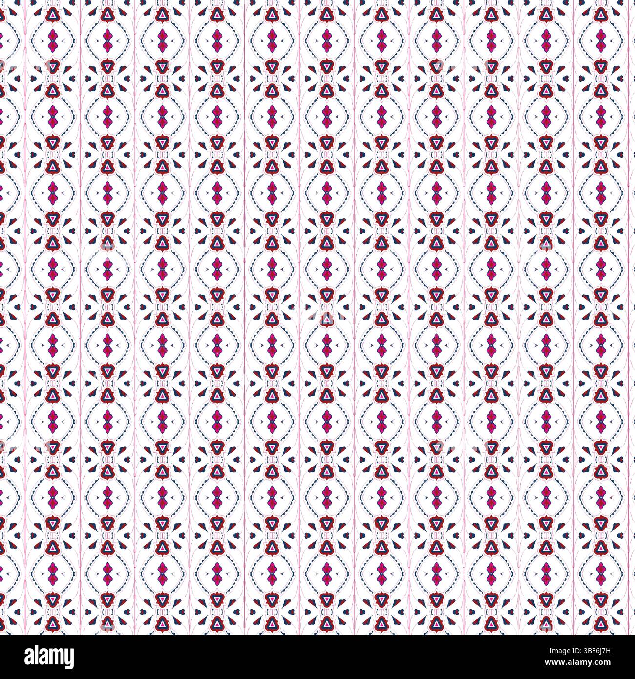 Repetitive geometric floral pattern in burgundy pink and teal on white ...