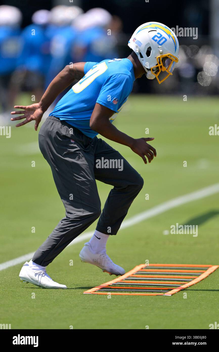 Los Angeles Chargers cornerback Cam Hart runs drills during NFL ...