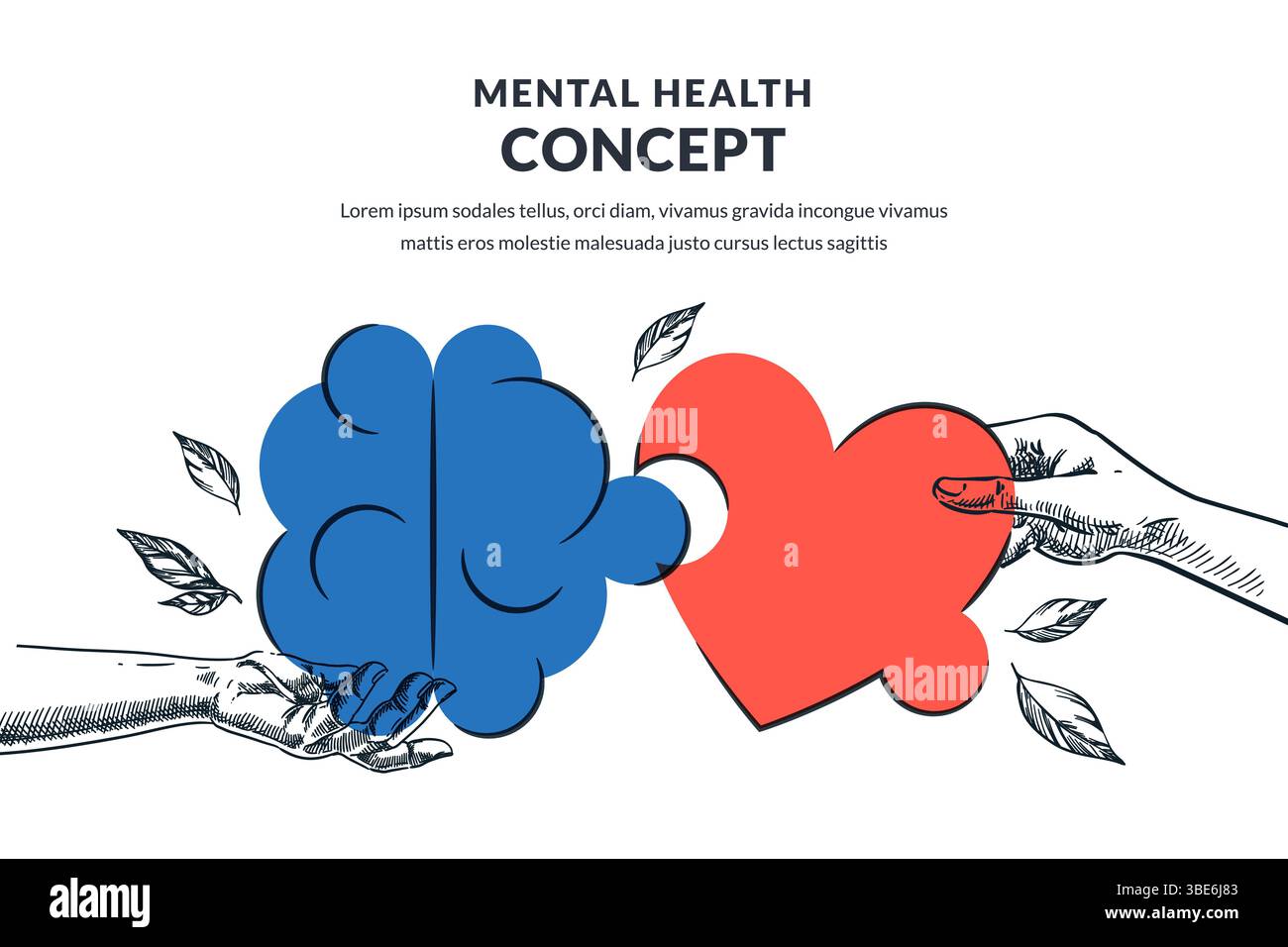Two human hands connect brain and heart puzzles vector hand drawn ...