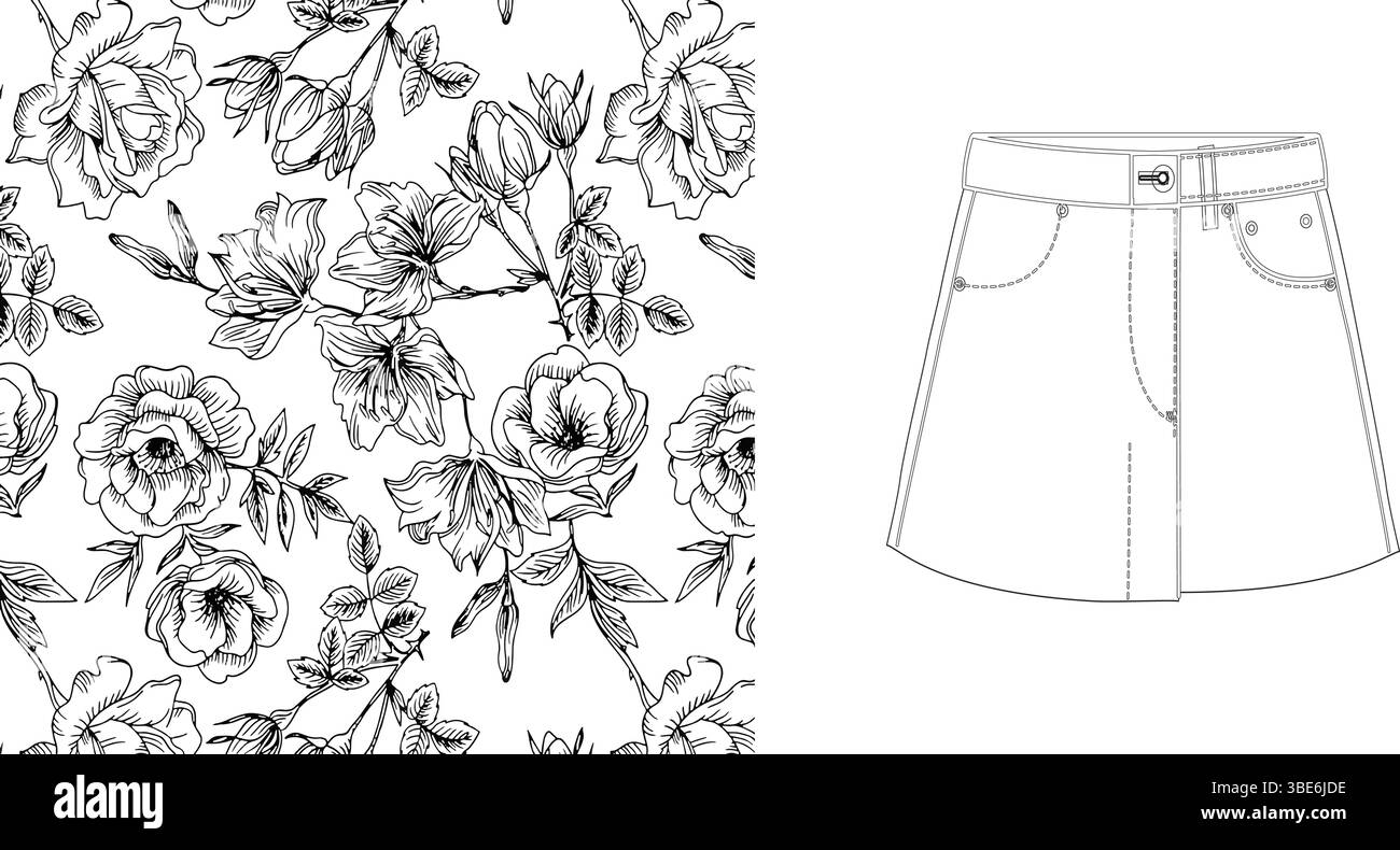 Floral denim mini skirt design line art print and technical flat sketch ...