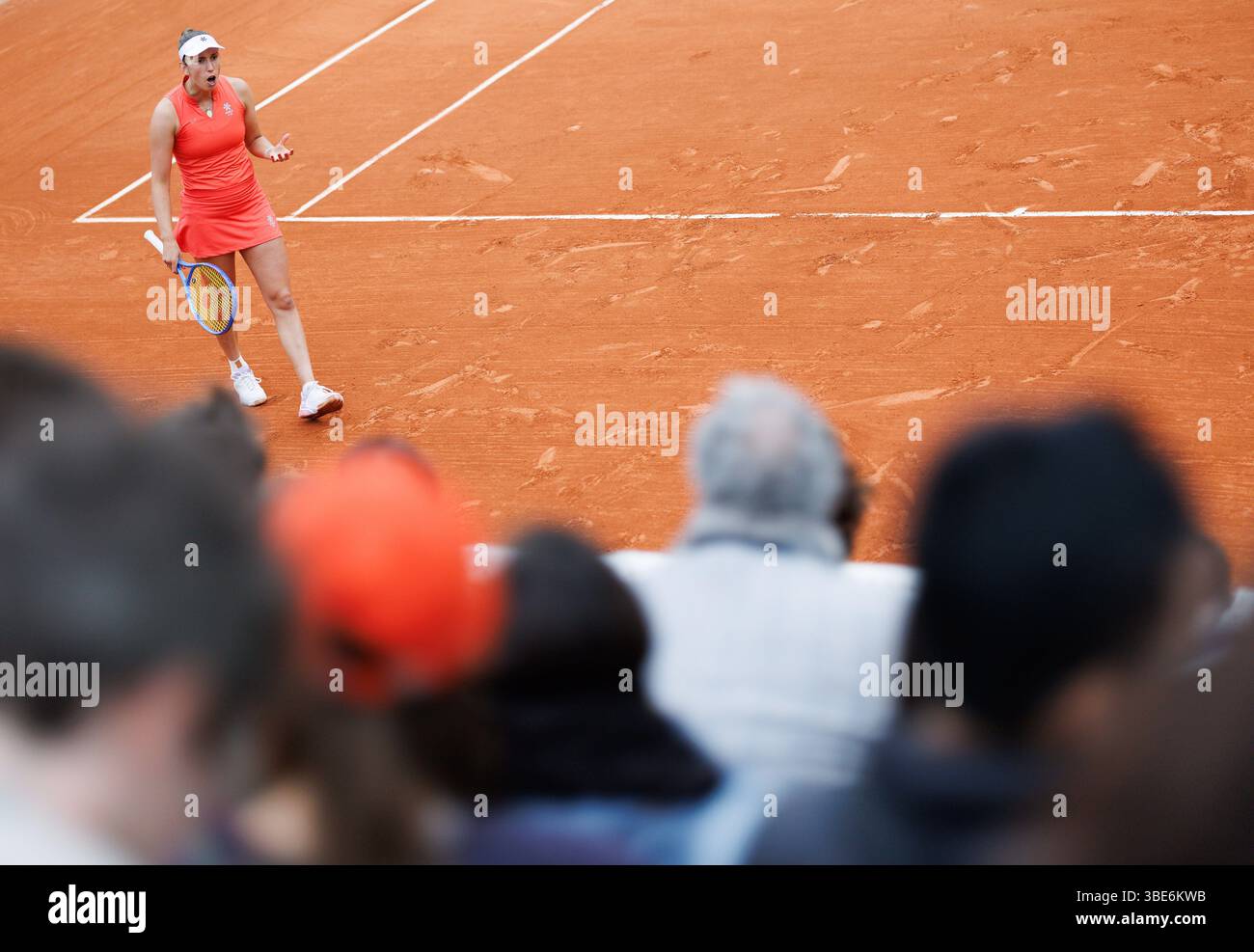 Paris, France. 27th May, 2025. Belgian Elise Mertens reacts during a ...