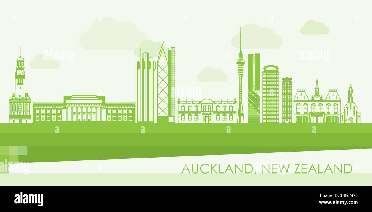 Green Skyline panorama of city of Auckland, New Zealand - vector ...