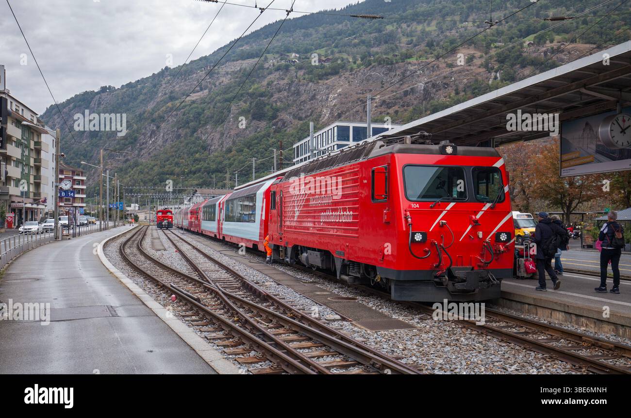 Matterhorn Gotthard Bahn HGe4/4 meter gauge electric locomotive at Brig ...