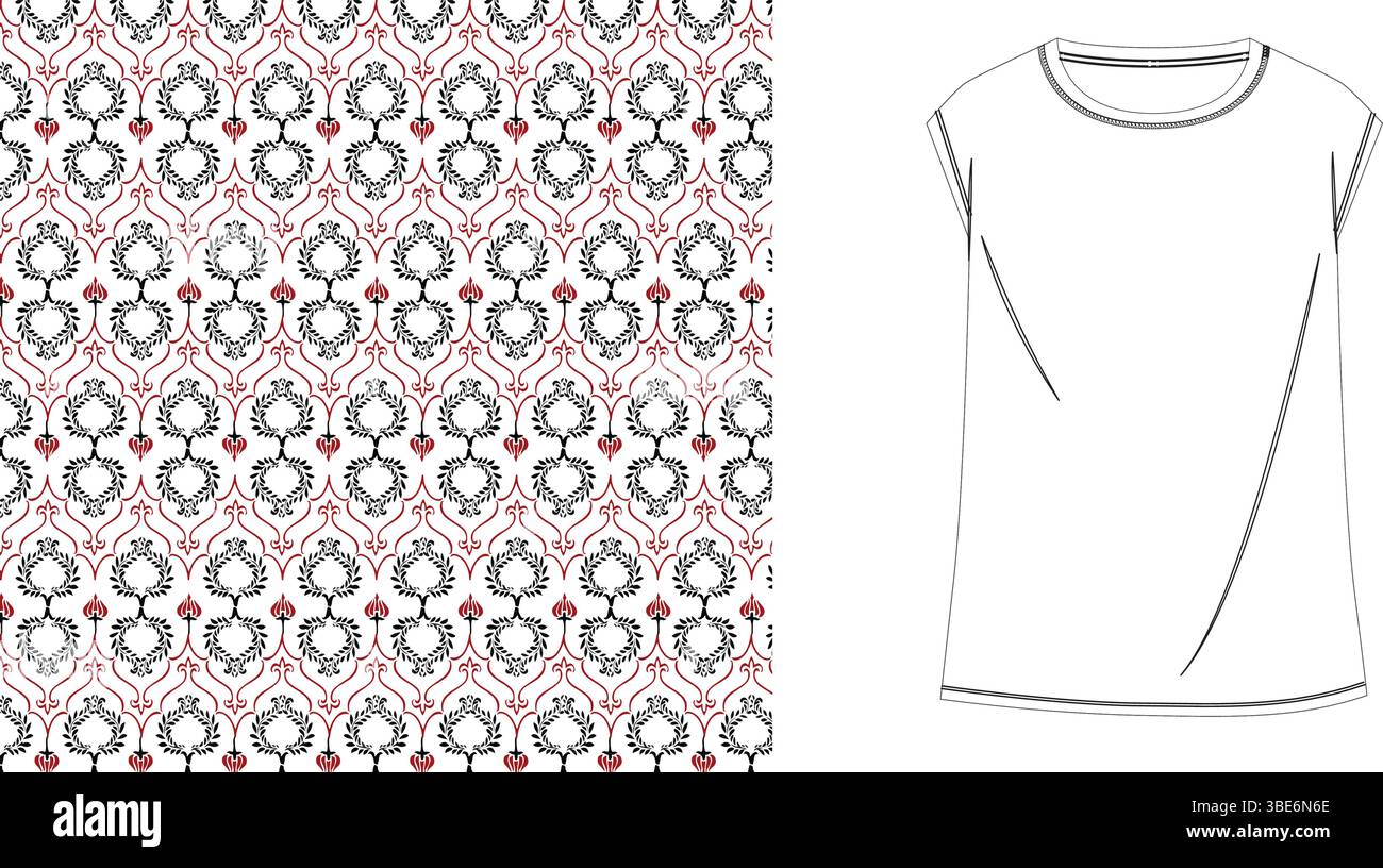 Red and black damask pattern on white background for women s sleeveless ...
