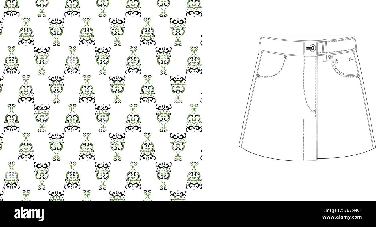 Technical flat sketch of a denim mini skirt with a repeating geometric ...