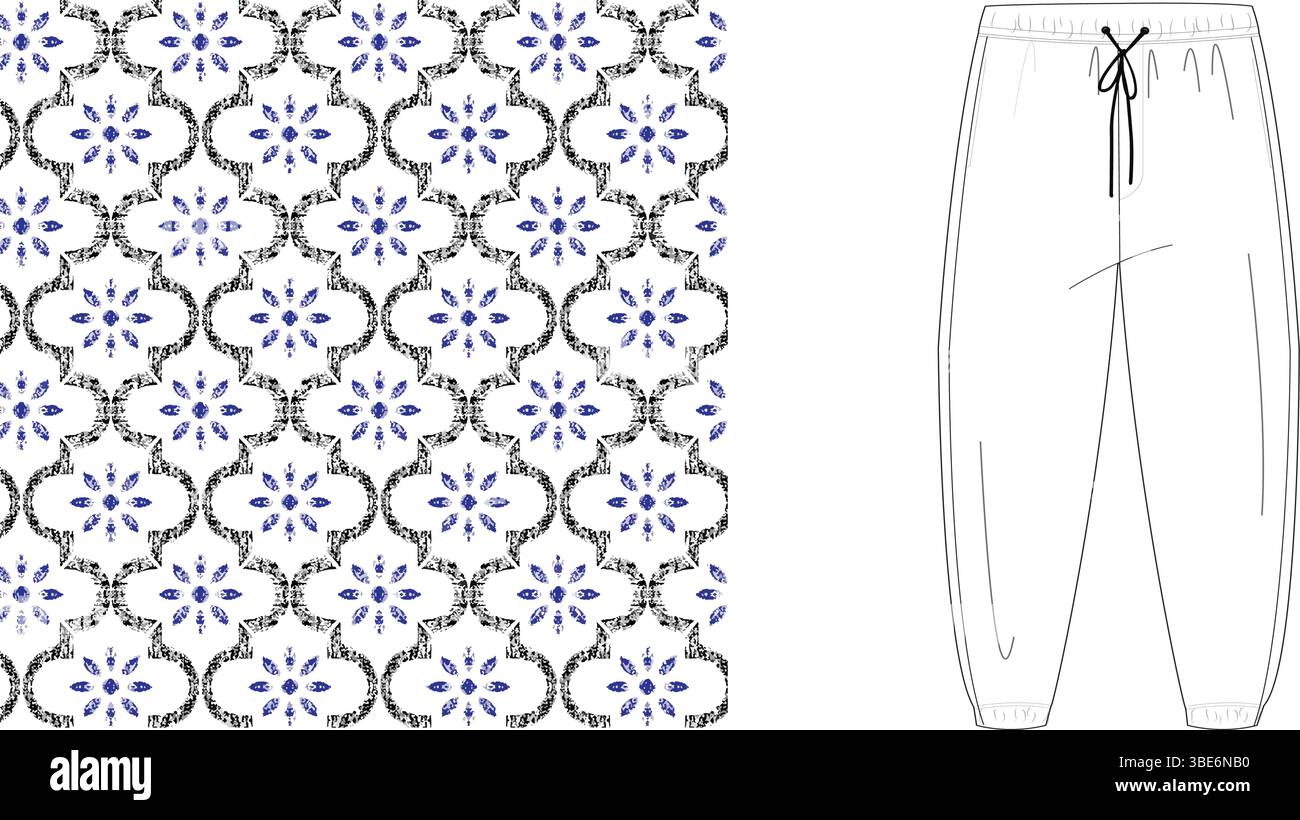 Technical drawing of women s lounge pants featuring a repeating ...