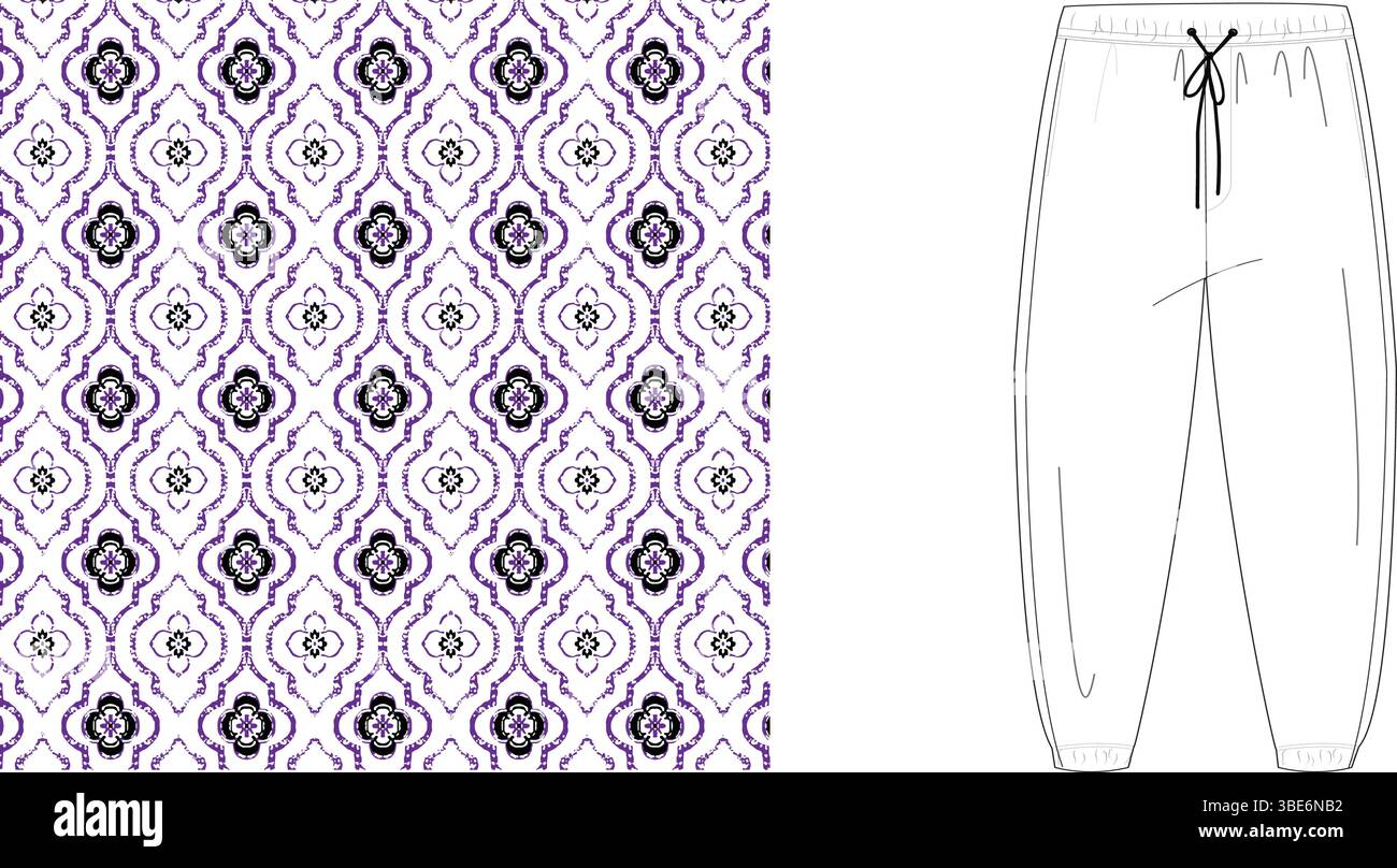 A technical drawing showcases sweatpants featuring a repeating purple ...