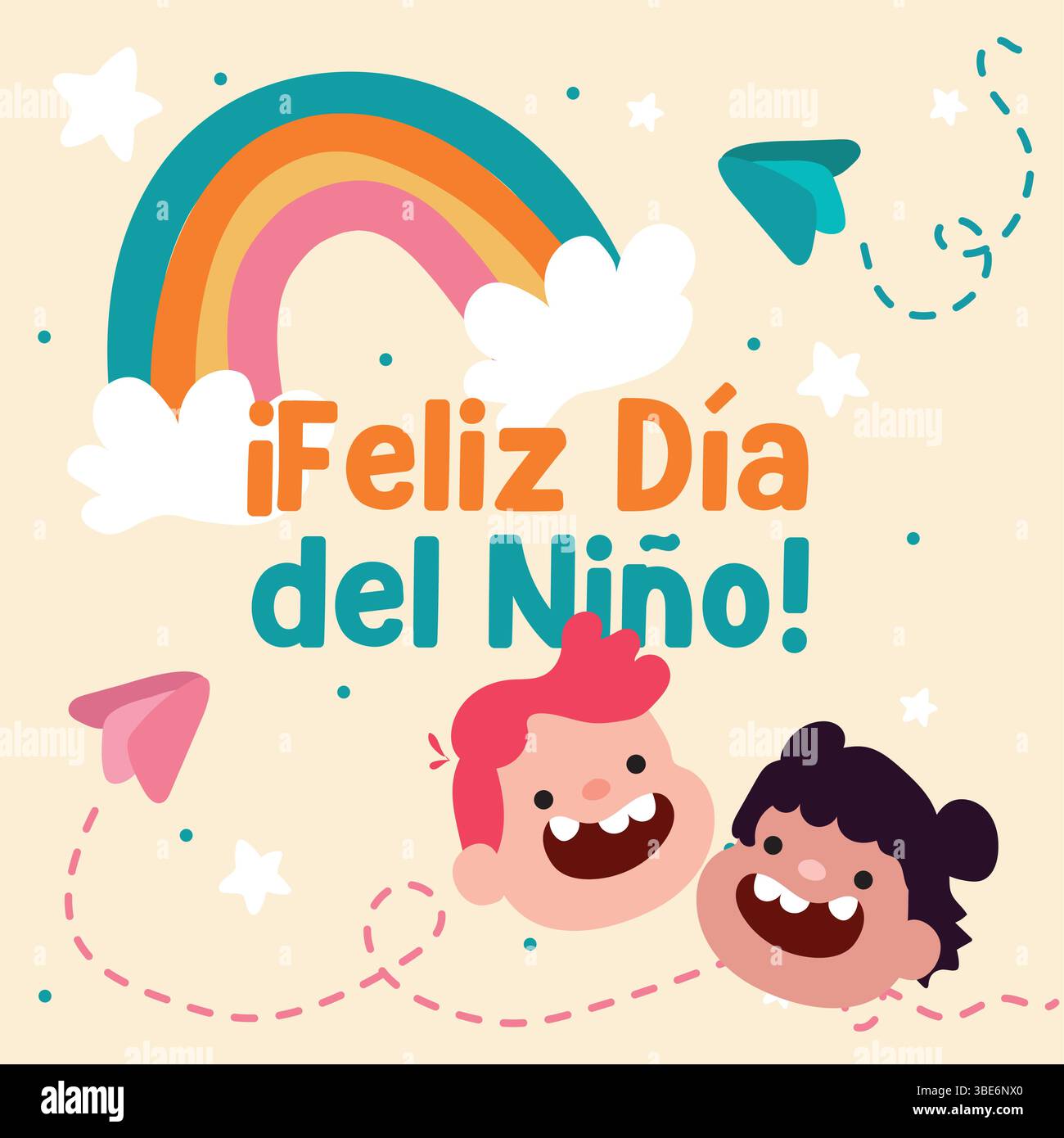 Happy kids and rainbow scene. Vector Stock Vector Image & Art - Alamy