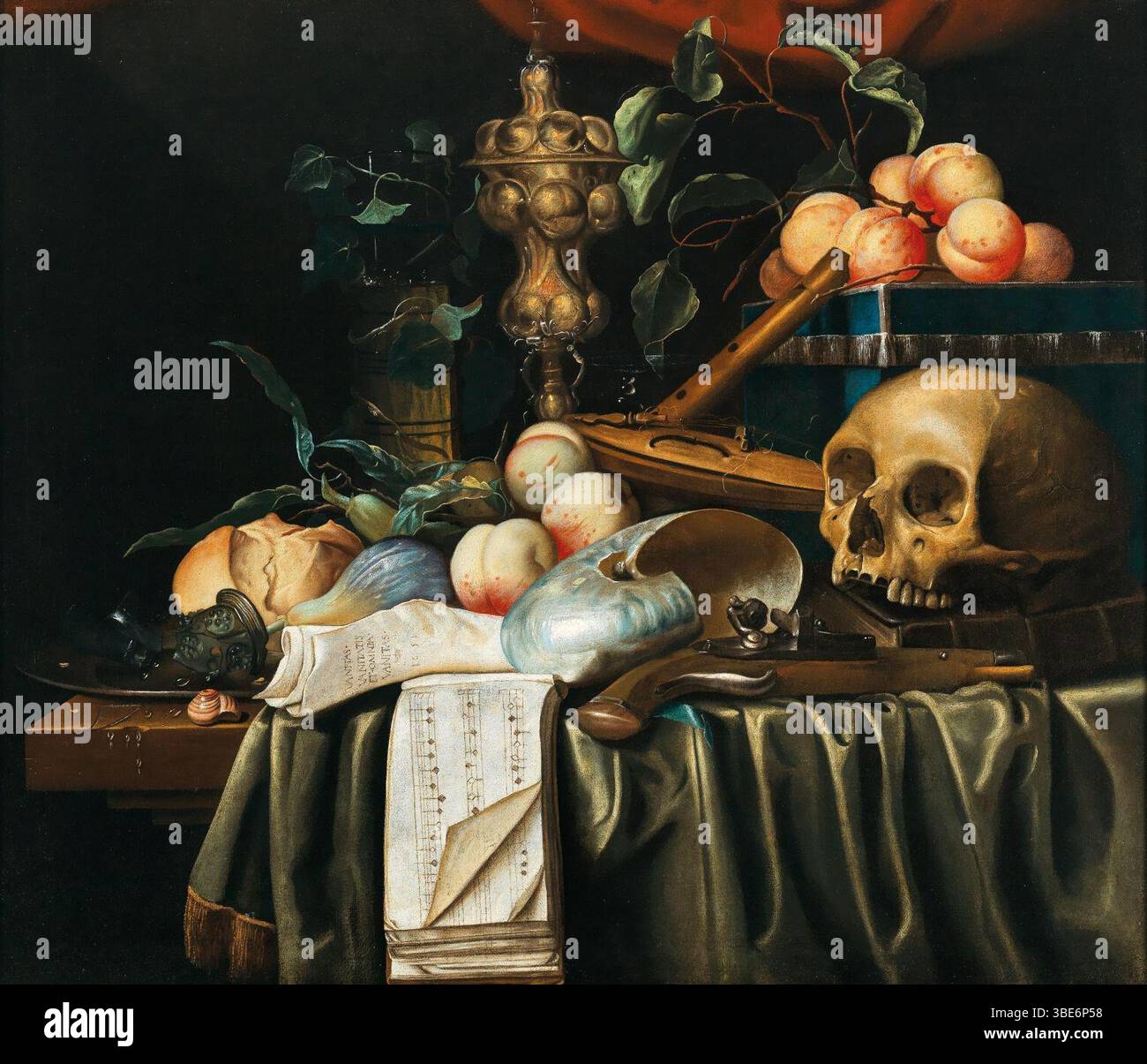 Joris van Son - A vanitas still-life with a skull, a pistol, a lute ...