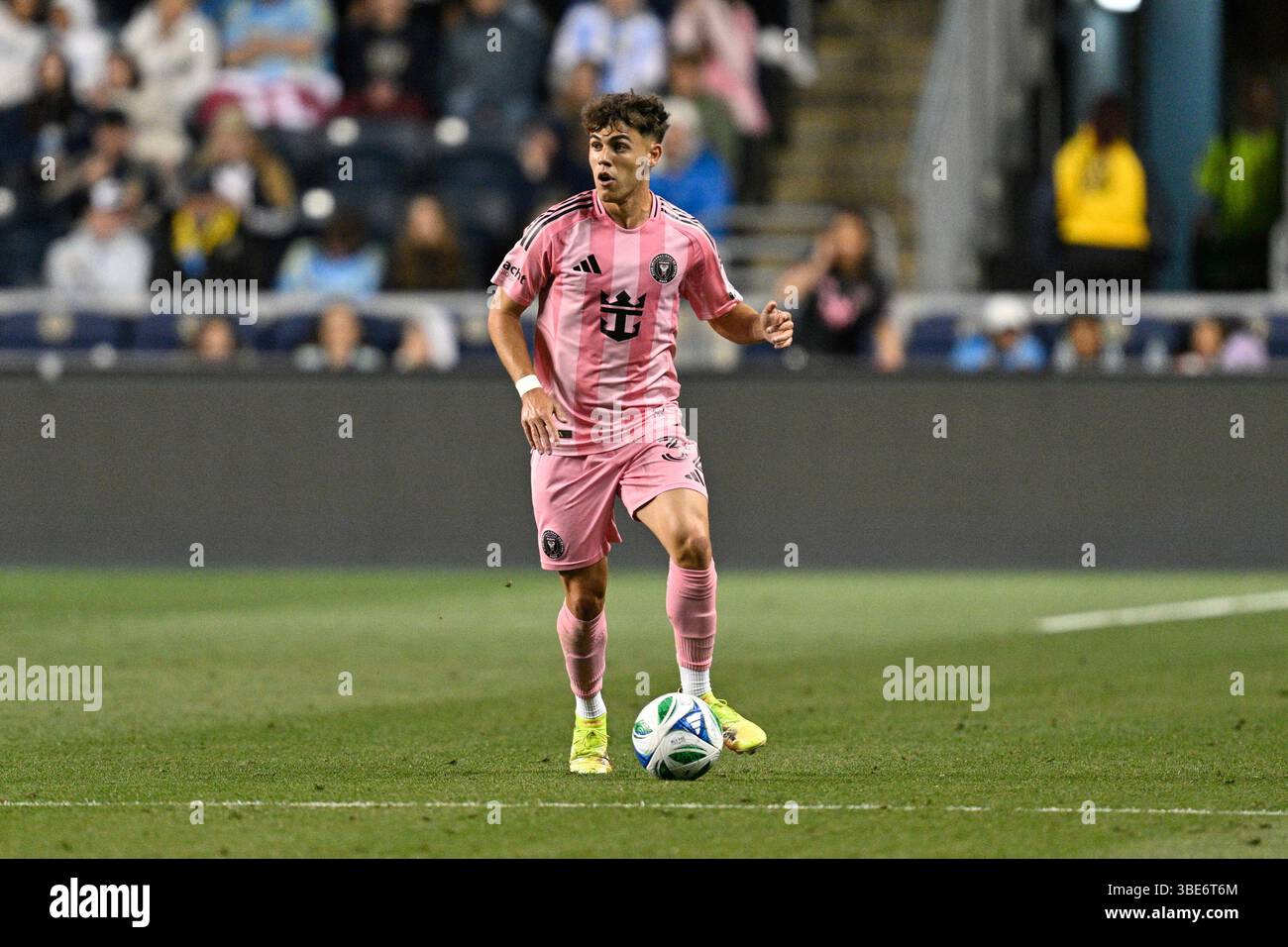 CHESTER, PA - MAY 24: Inter Miami defender Noah Allen #32 looks to pass ...