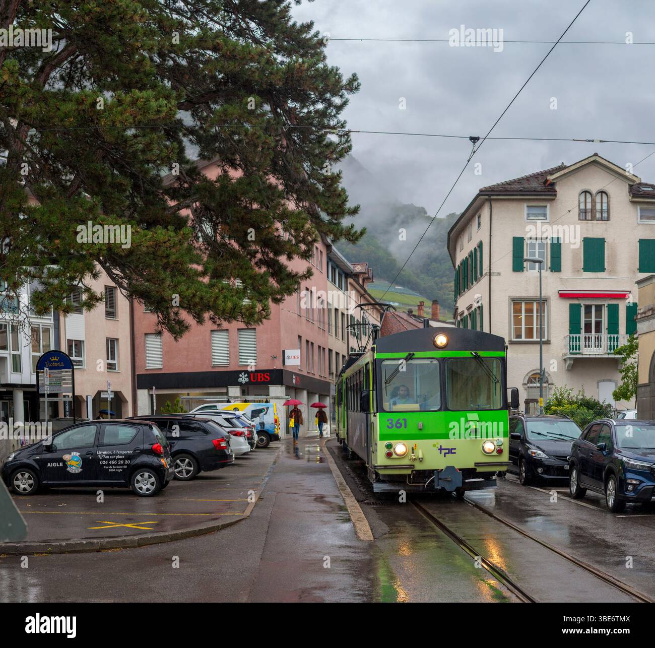 TPC BDeh 4/4 electric tram 361 running through the streets of Aigle ...