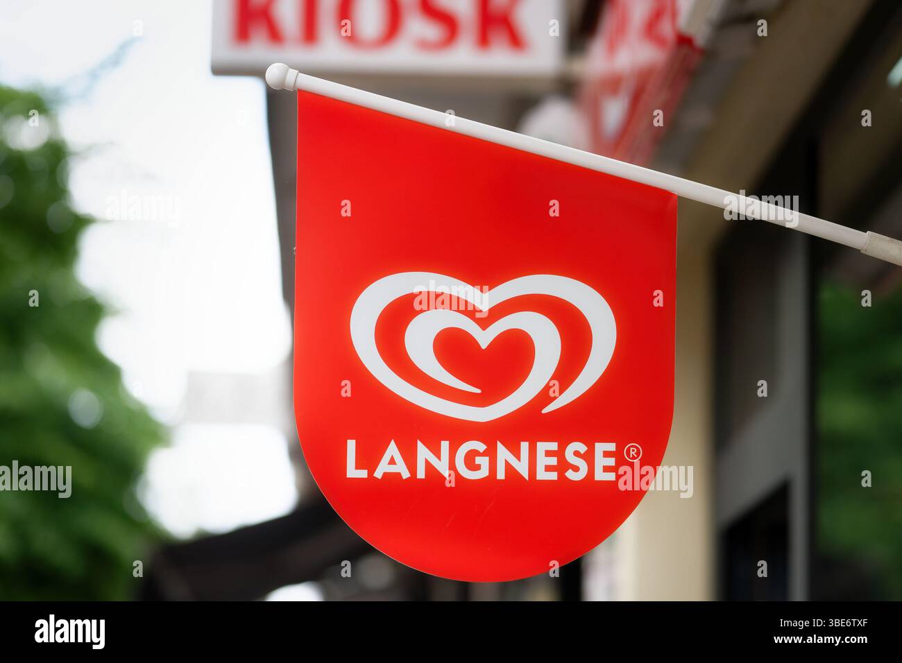 Cologne, Germany May 26 2025: Flag with Langnese logo and lettering in ...
