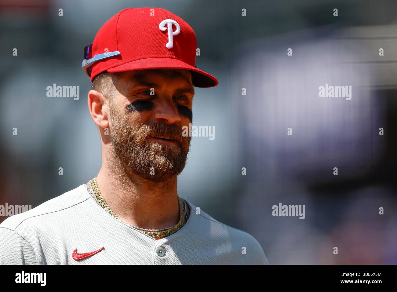 Bryce Harper #3 of the Philadelphia Phillies looks on during a game ...
