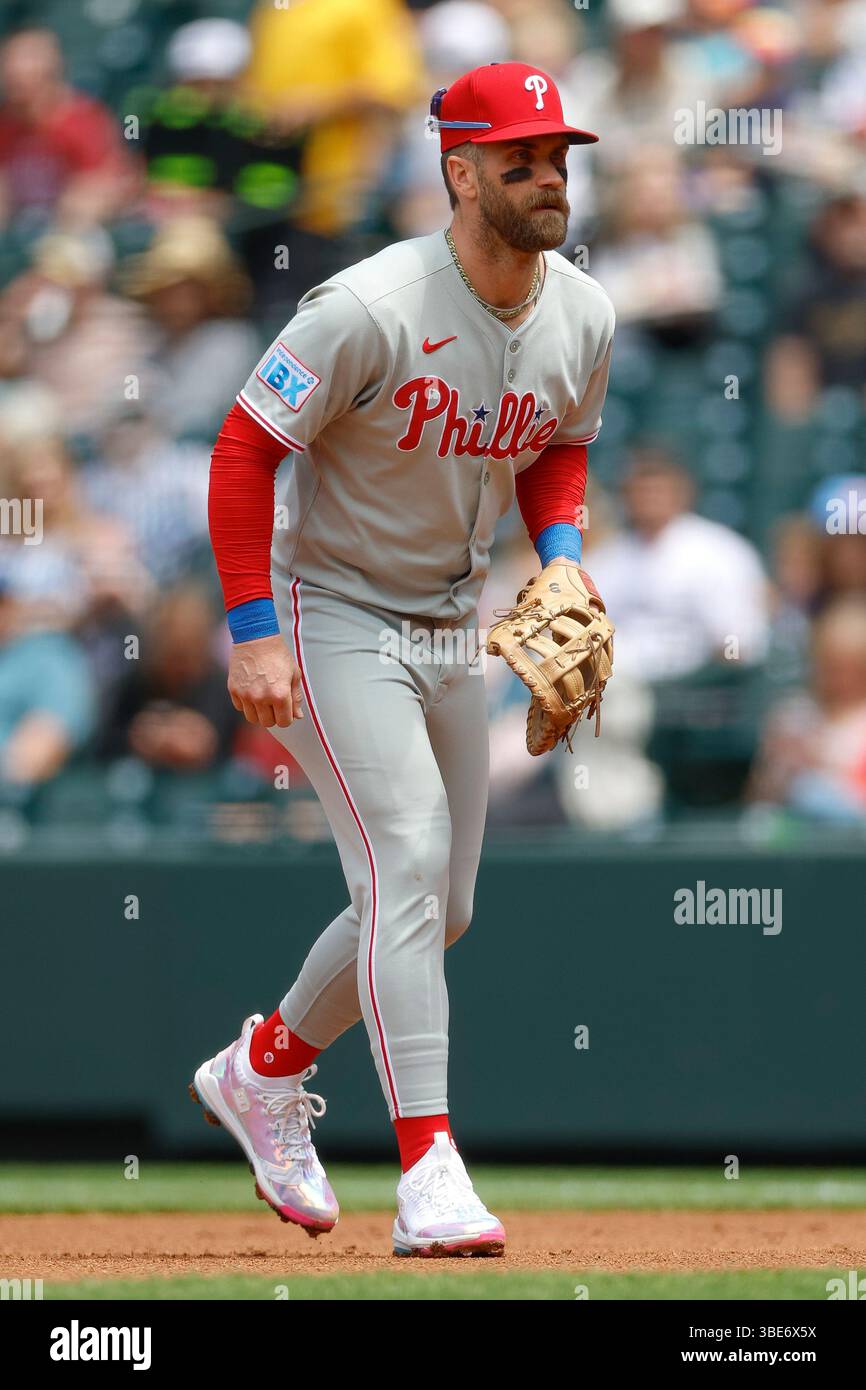 Bryce Harper #3 of the Philadelphia Phillies in defensive position at ...