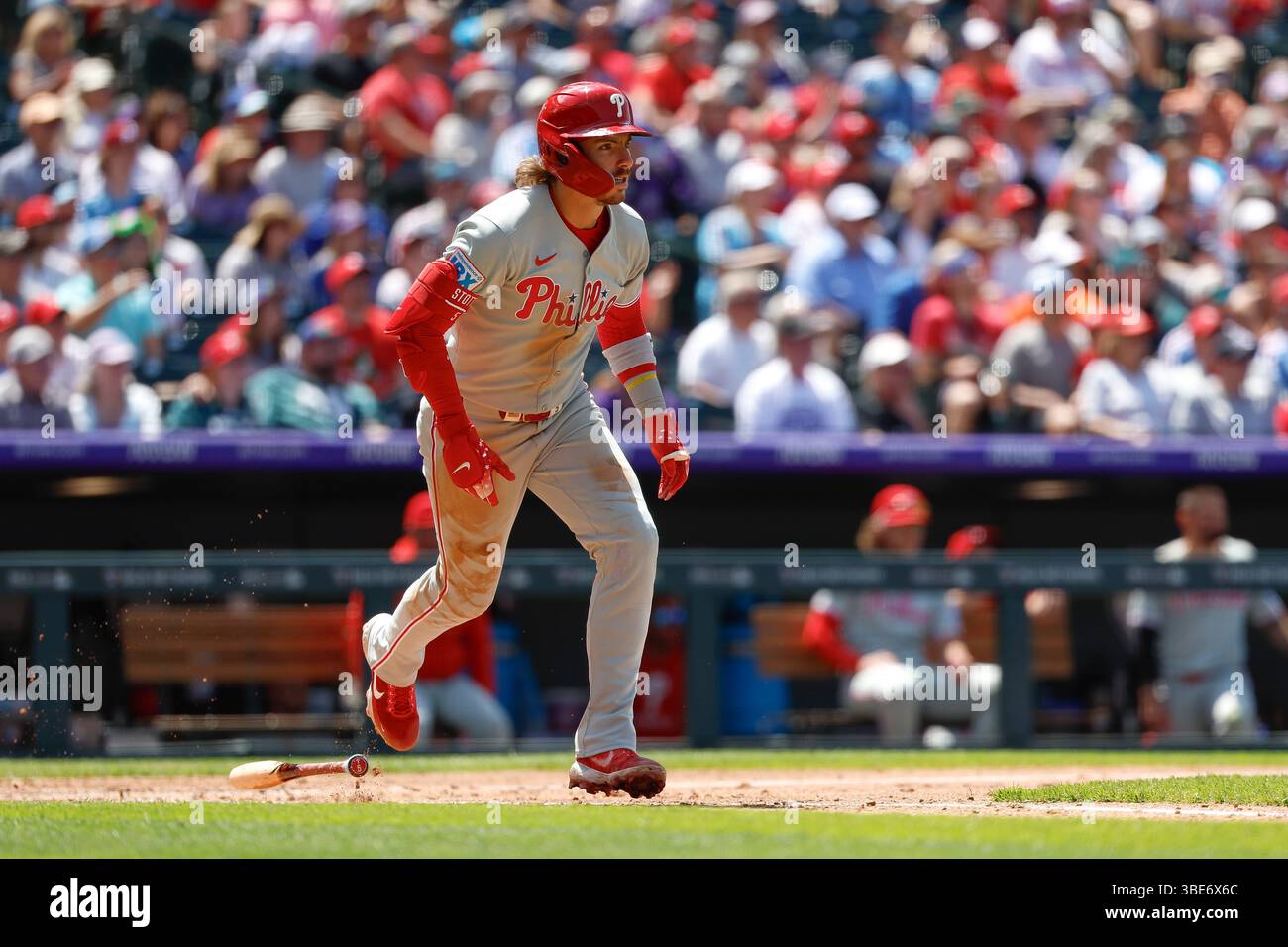 Bryson Stott #5 of the Philadelphia Phillies runs up the line during a ...