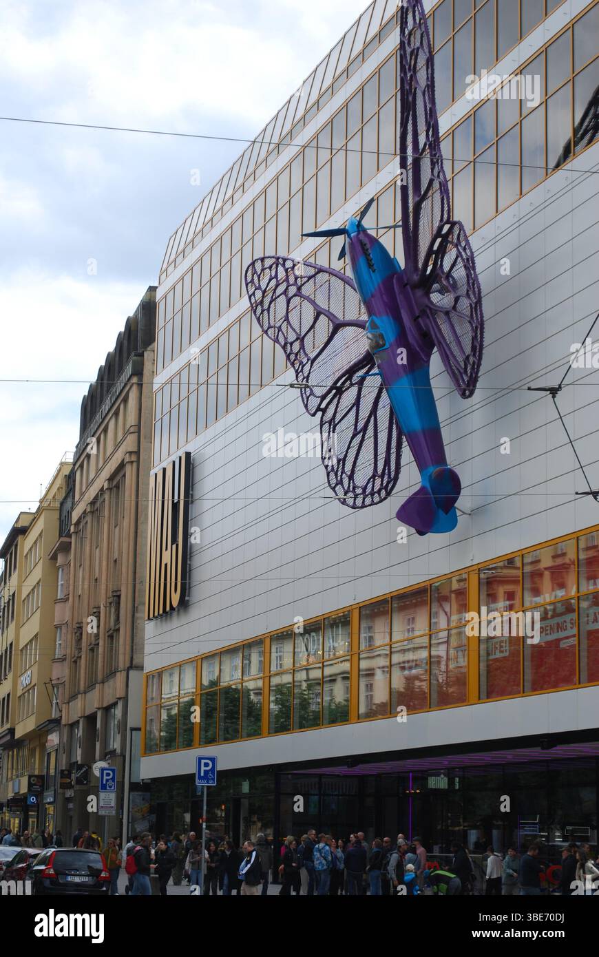 Butterfly/Monoplane on the wall of Tesco Supermarket, Old Town, Prague ...