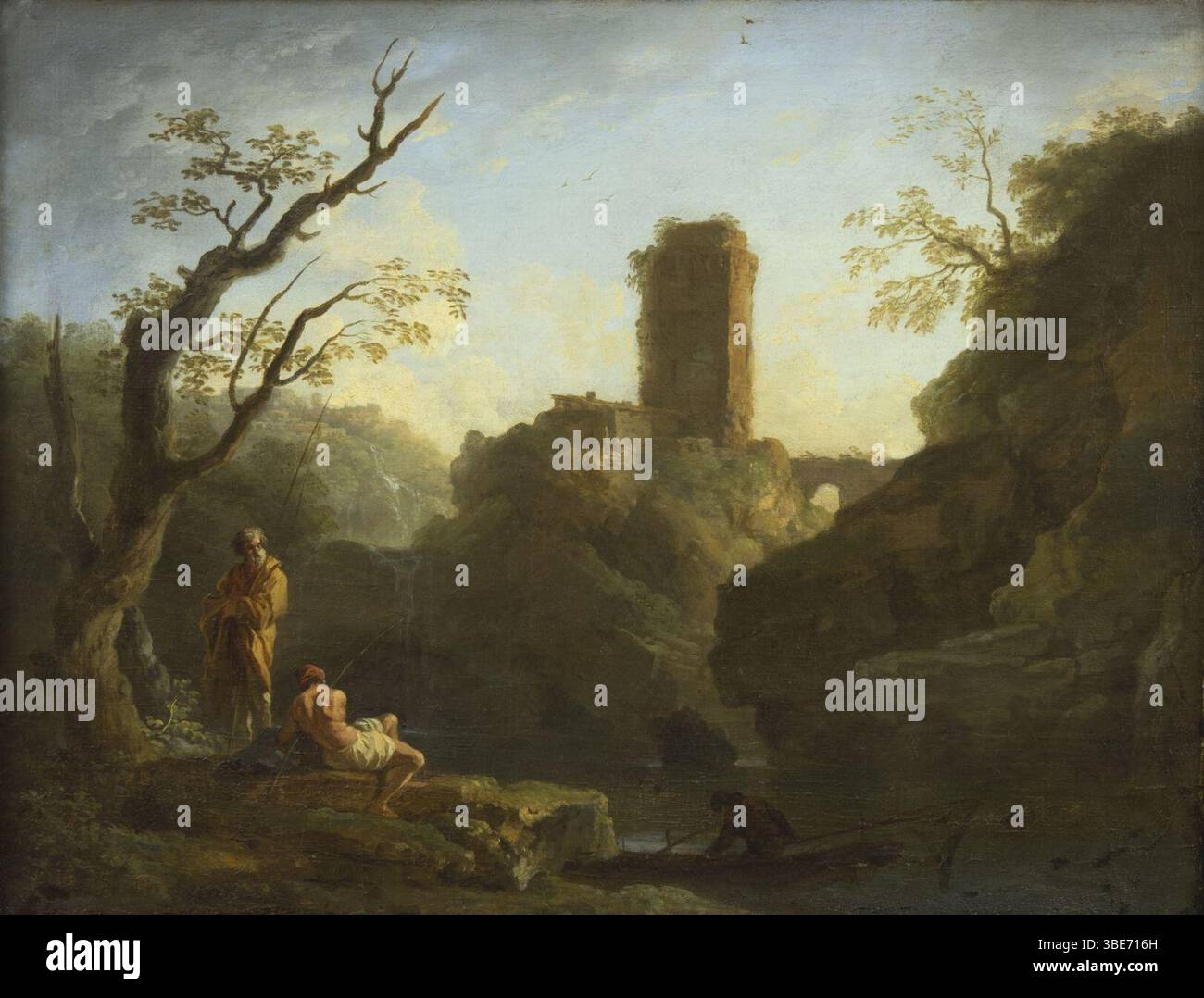 Joseph Vernet - Paysage avec un arbre et deux hommes, une tour en ...