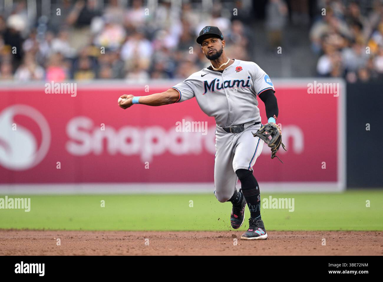Miami Marlins shortstop Otto Lopez throws to first base during the ...
