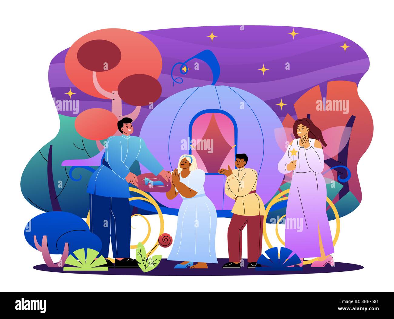 Tale of Cinderella. Woman in white dress near men in royal clothes and ...