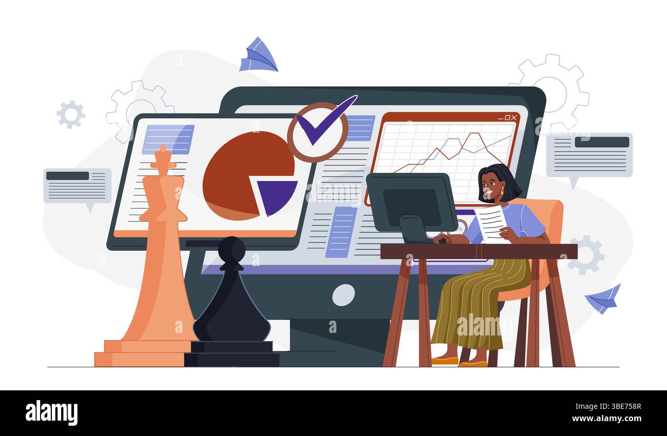 Employee assessment concept. Woman at workplace checks efficiency of ...