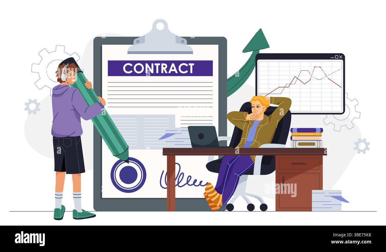 Partnership agreement concept. Two men near contract document ...