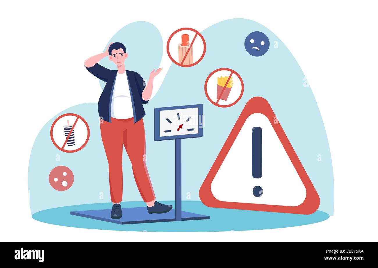 Overweight man problem. Fatty young guy on scales. Person suffer from ...