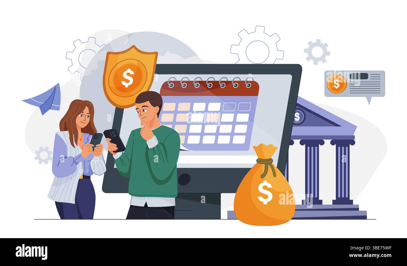 Parental allowance in bank. Man and woman near money and computer with ...