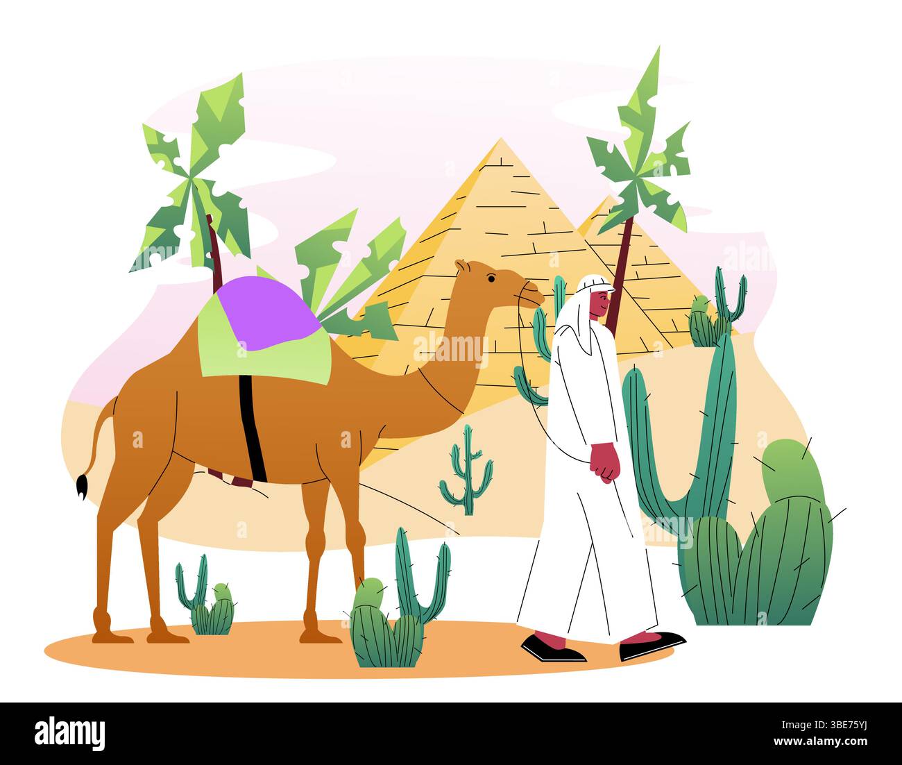 Arab man near pyramids. Guy in traditional islamic clothes with camel ...