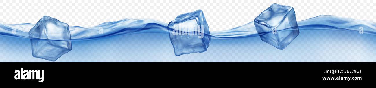 Three translucent ice cubes floating in water with waves, isolated on ...