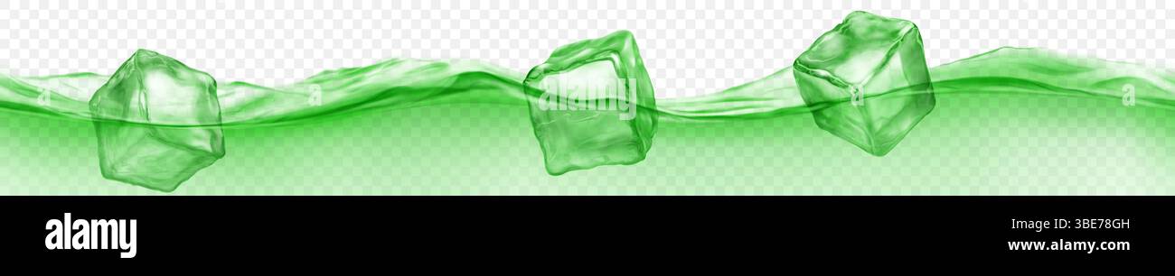 Three translucent ice cubes floating in water with waves, isolated on ...