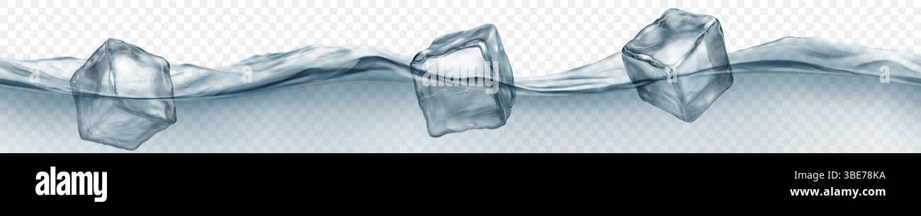 Three translucent ice cubes floating in water with waves, isolated on transparent background ...