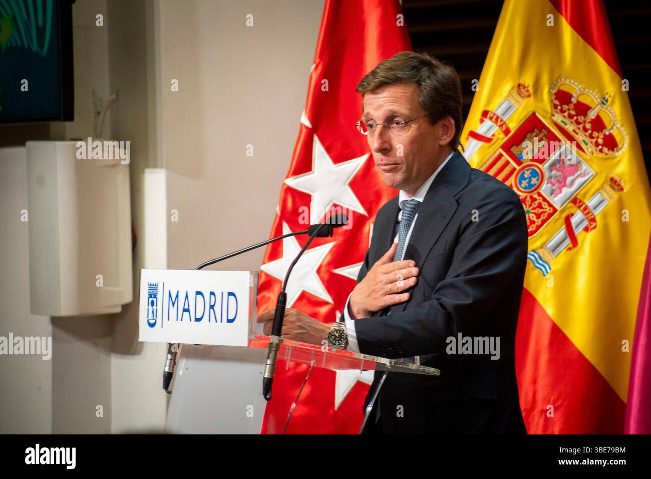 Jose Luis Martinez-Almeida speaks during the ceremony of welcoming of Rayo Vallecano at Madrid ...