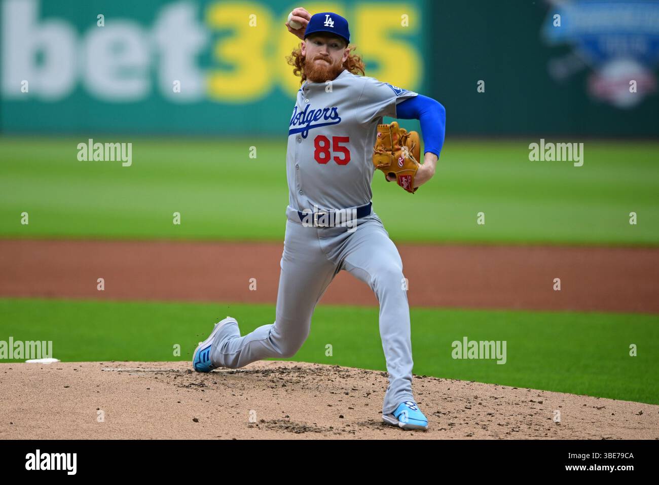 Los Angeles Dodgers starting pitcher Dustin May delivers during the ...