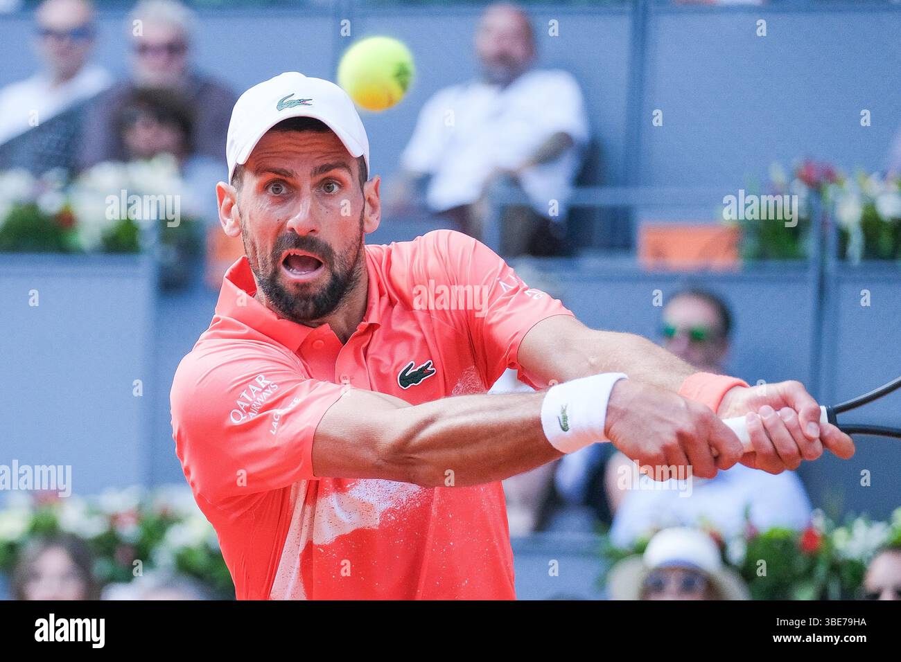 Novak Djokovic of Serbia in action against Matteo Arnaldi the Mutua Madrid Open at La Caja ...