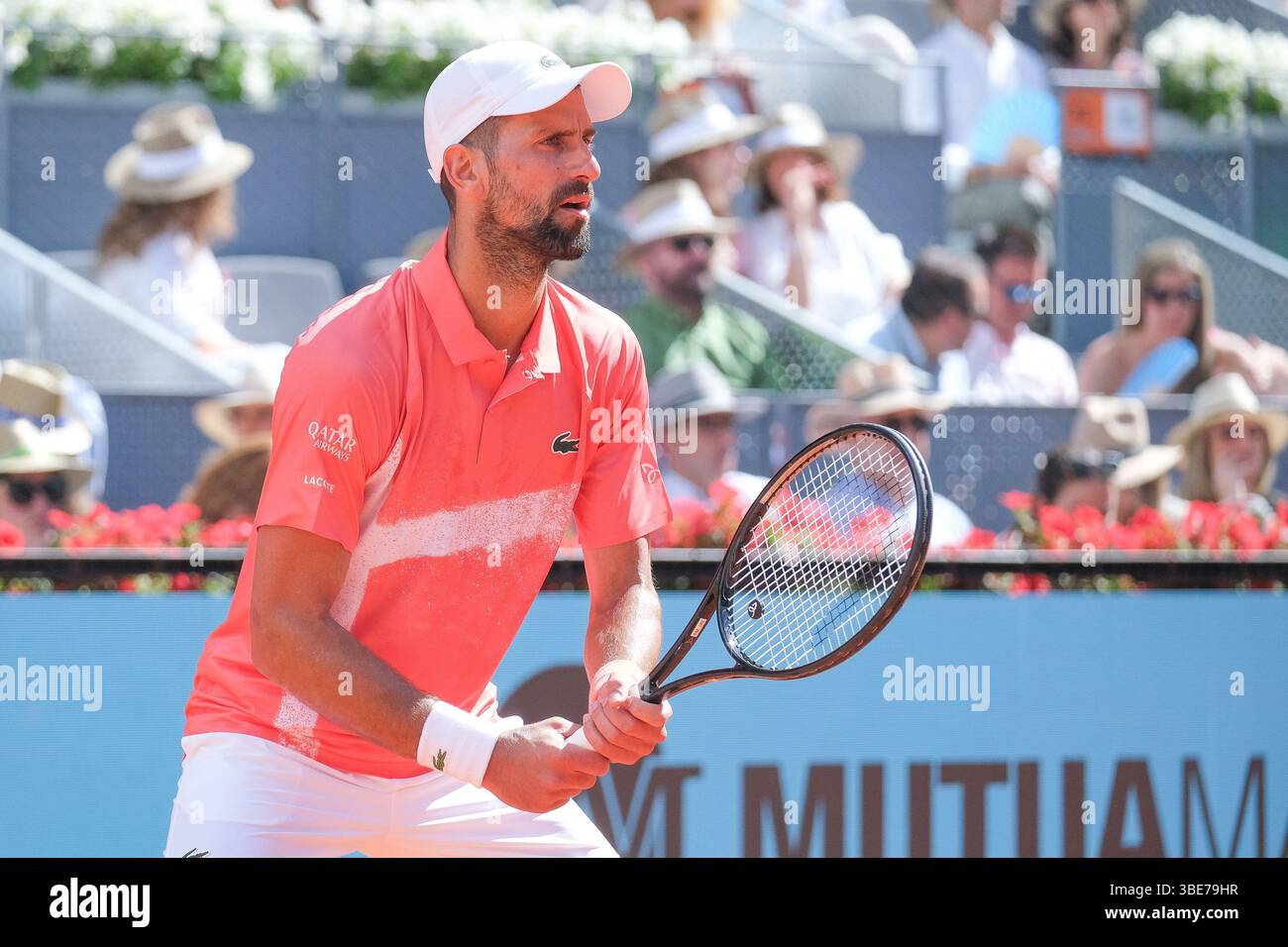 Novak Djokovic of Serbia in action against Matteo Arnaldi the Mutua Madrid Open at La Caja ...