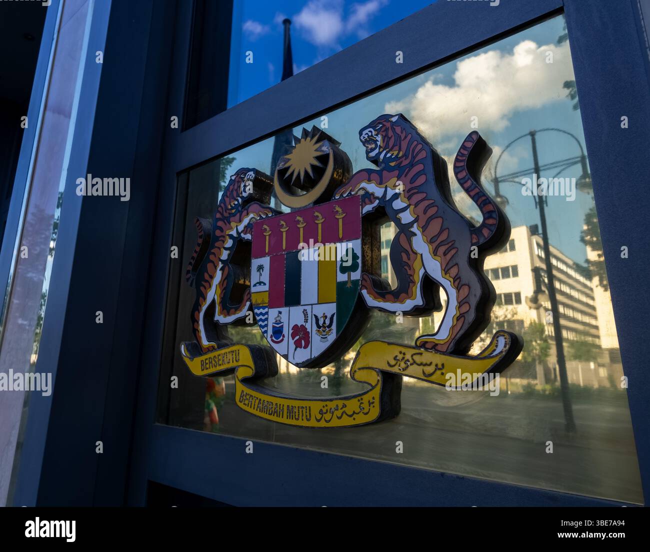 Detailed view of Malaysia’s national coat of arms on the embassy ...