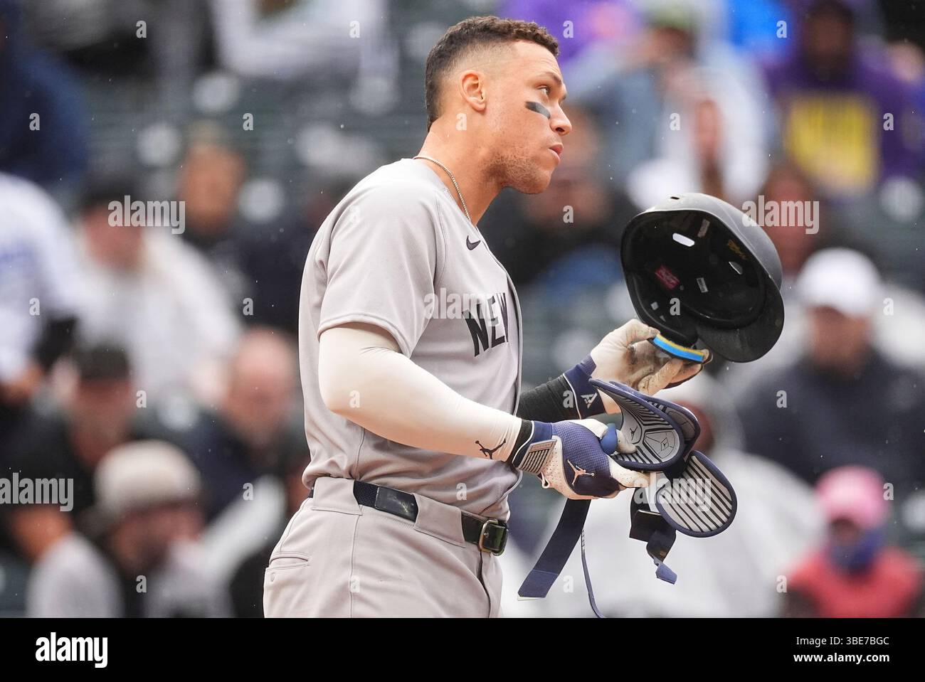 New York Yankees right fielder Aaron Judge (99) reacts after striking ...