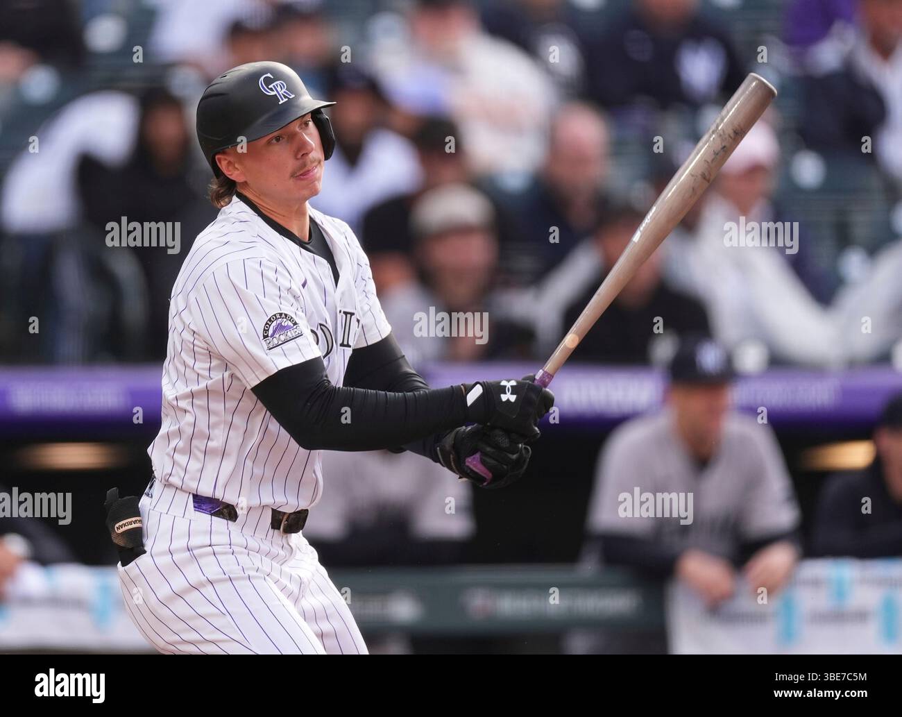 Colorado Rockies left fielder Jordan Beck (27) in the ninth inning of a ...
