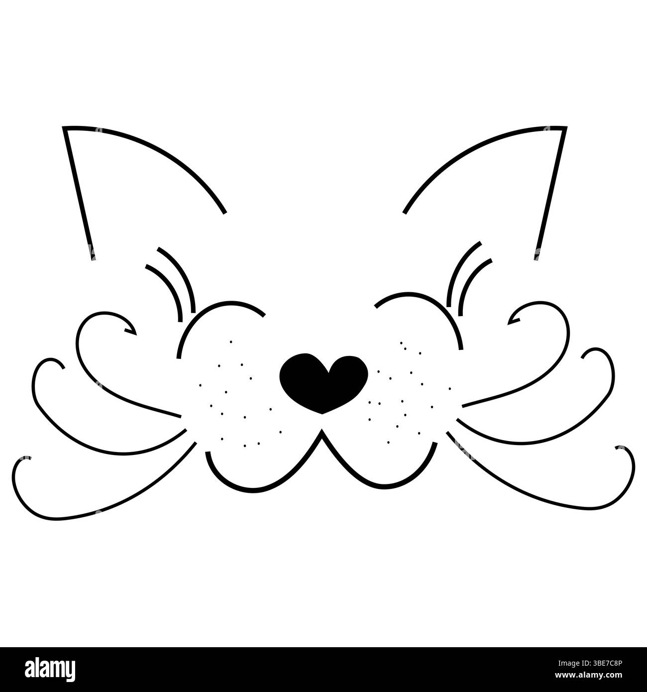 Cat face illustration. Heart nose detail. Curly whisker style. Vector ...