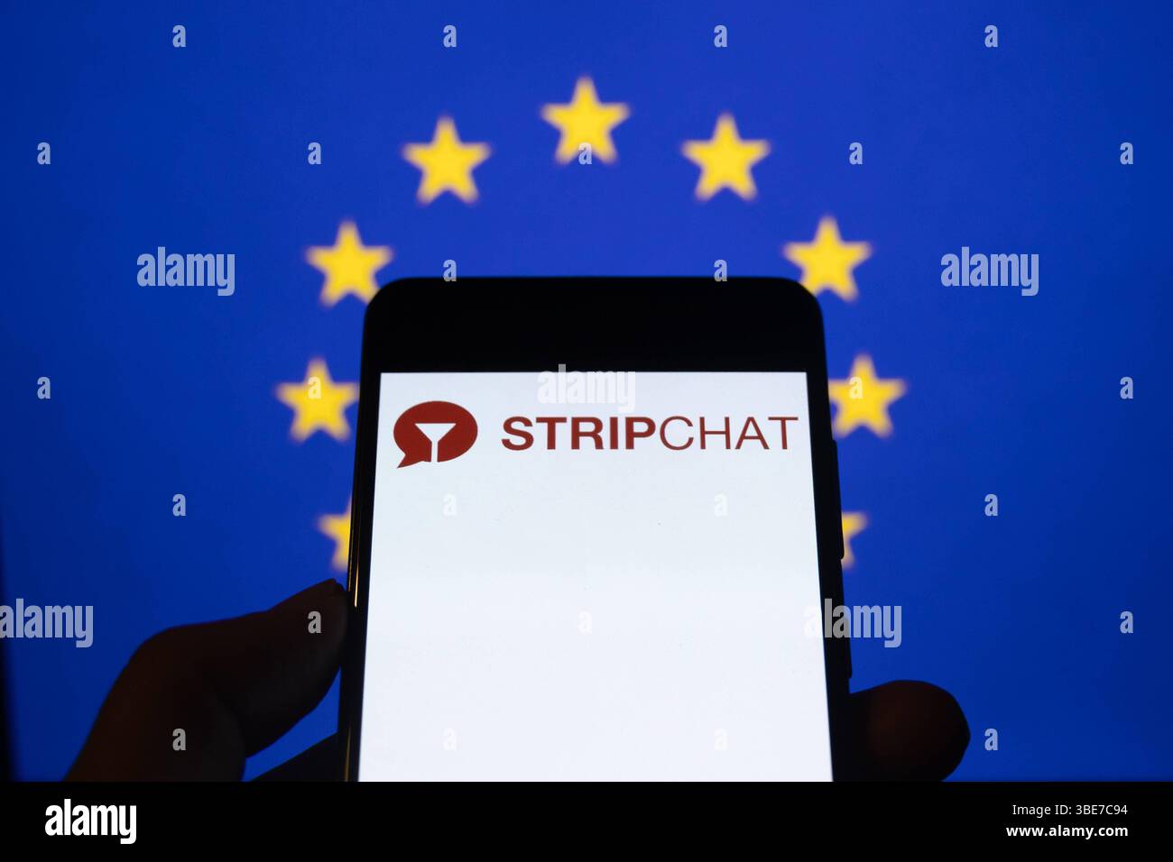 Stripchat logo and the European Union s flag are seen in this photo ...