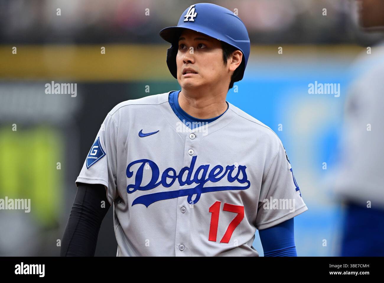 Los Angeles Dodgers' Shohei Ohtani reacts to a foul ball during the ...