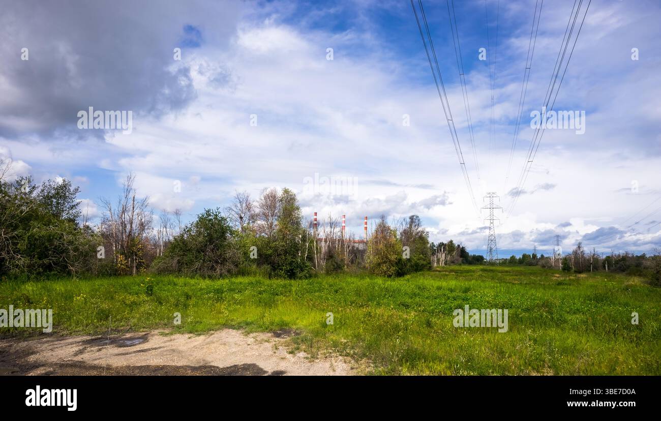 Power lines and chimneys of the Sundance power plant, Alberta. Canada ...