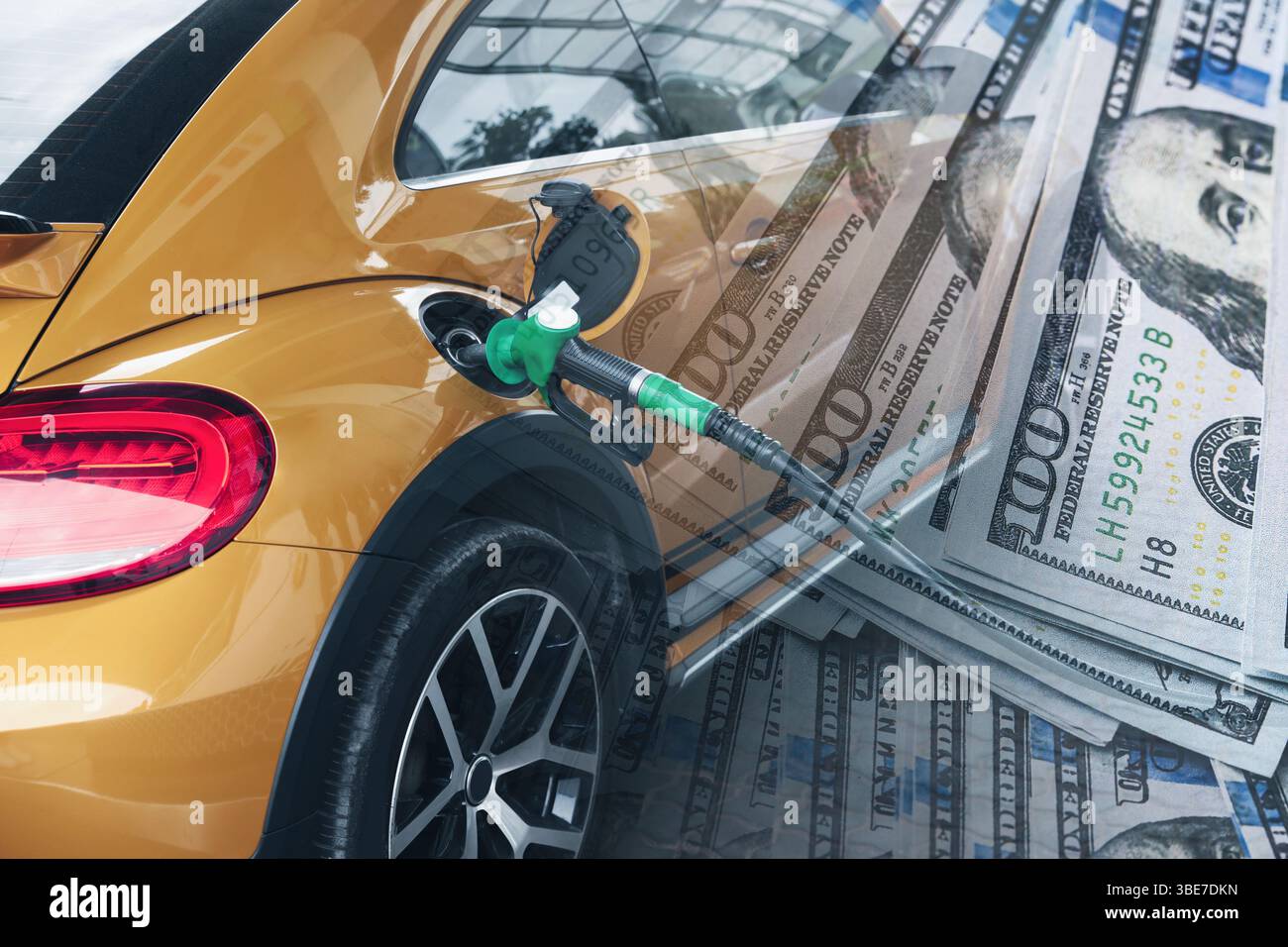 Fuel price. Refueling car at gas filling station and dollar banknotes ...