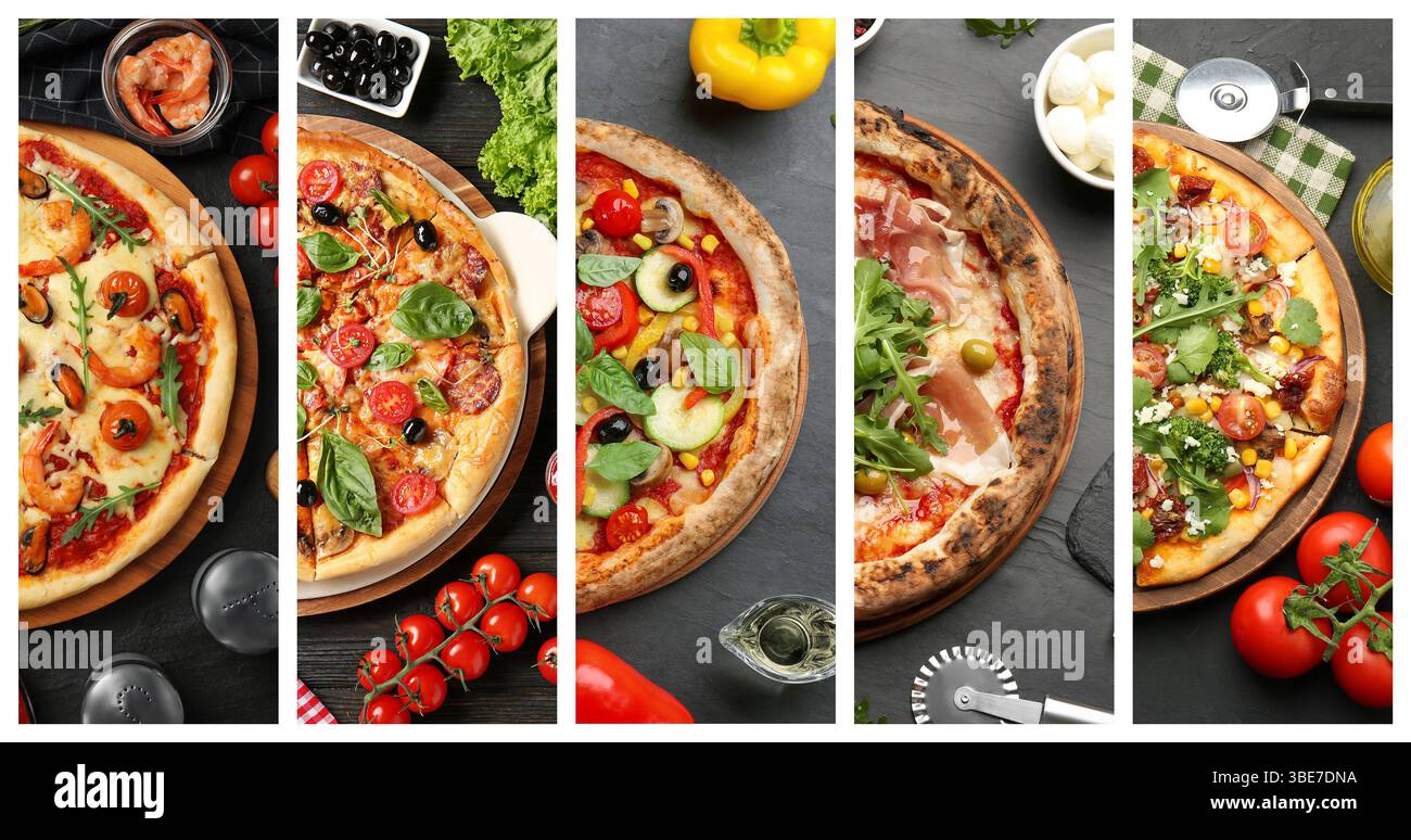 Collage of different delicious pizzas, top view. Banner design Stock ...