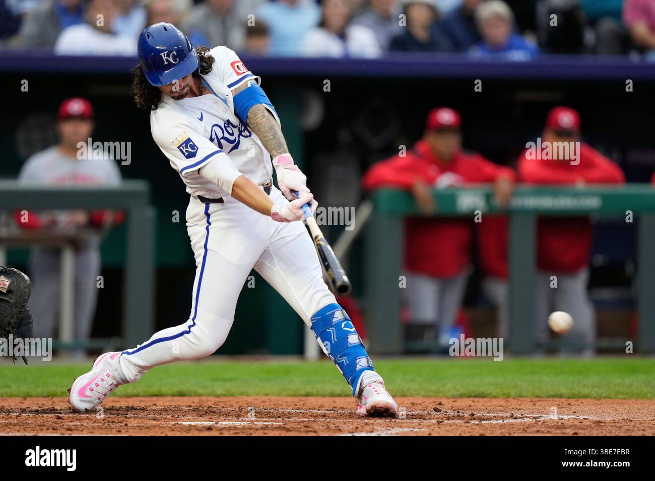 Kansas City Royals' Jonathan India hits an RBI single during the second ...