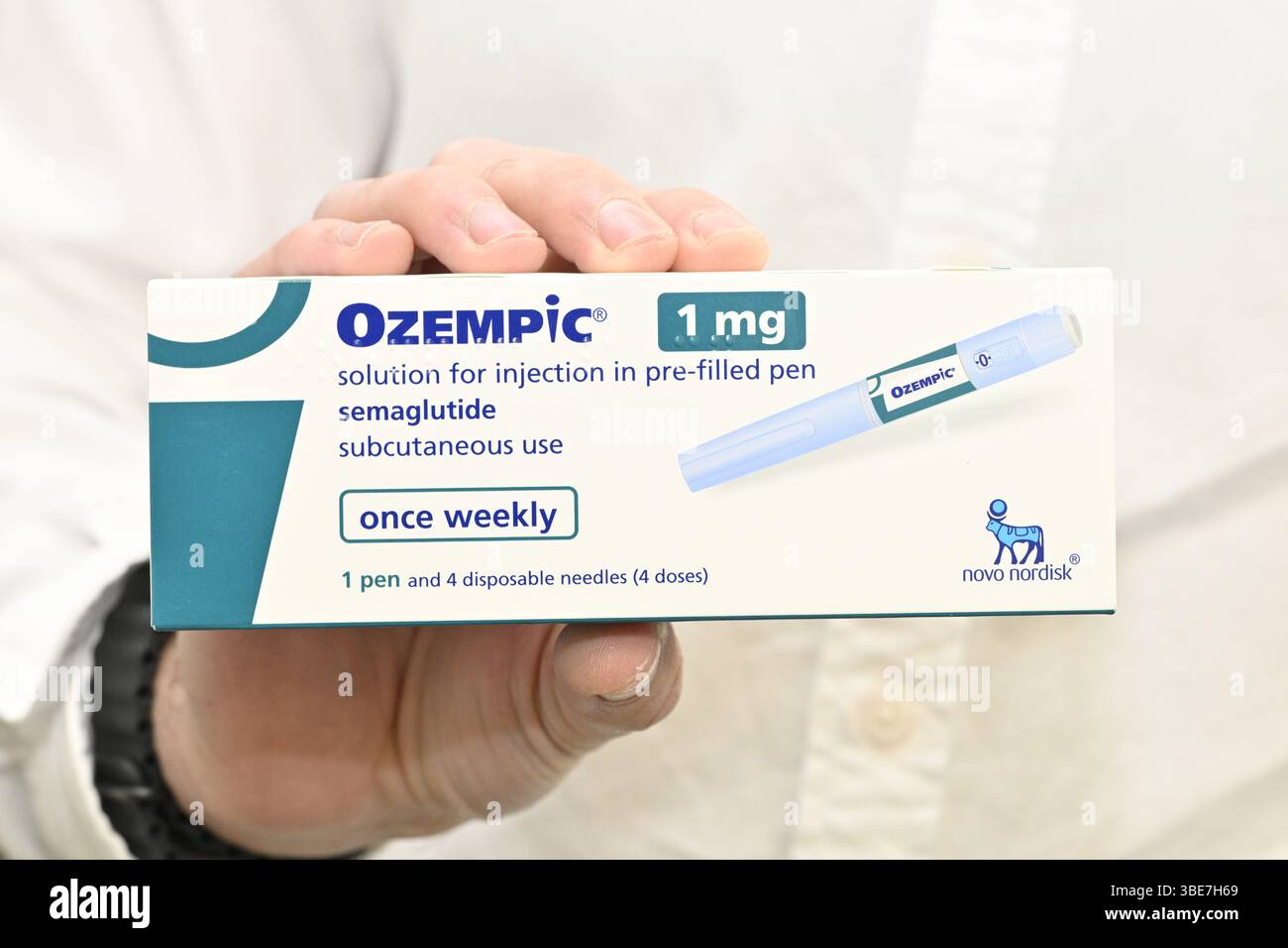 Box of semaglutide diabetes medication. Marketed as Ozempic, this is a ...